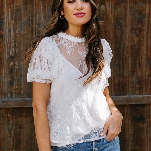 Tops | White Lace Ruffle Top | Poshmark
